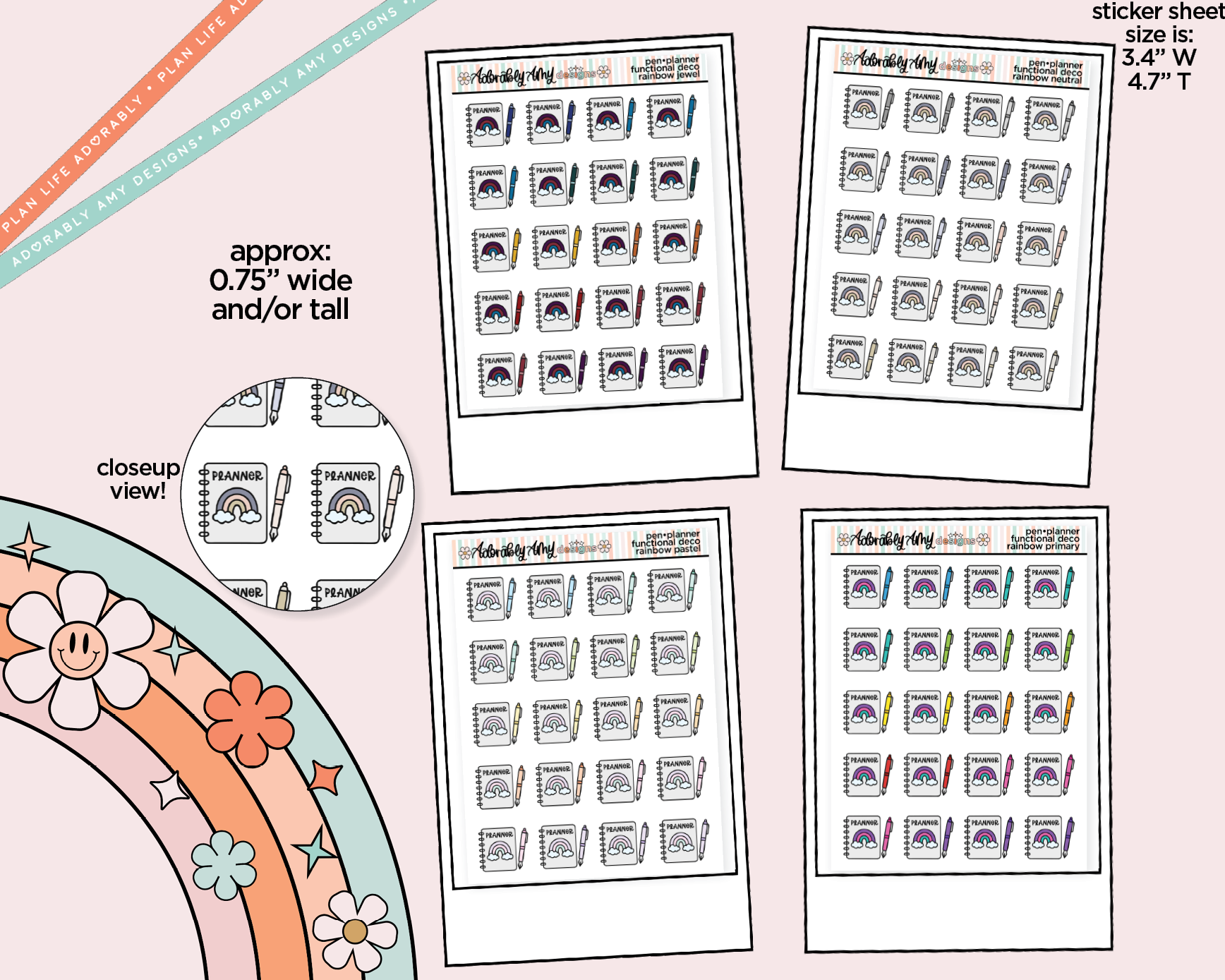 Rainbow Planner & Pen Doodled Icon Stickers – Adorably Amy Designs